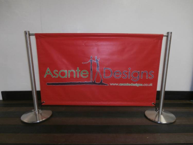 Keyhole Satin Stainless Steel Cafe Banner Posts & PVC Banner | Asante ...